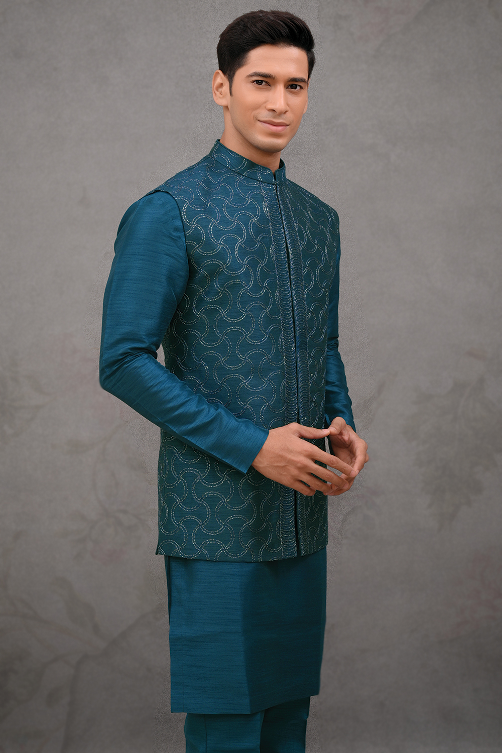 Silk Sea Blue Jacket Style Men's Plain Kurta Pajama MKPA07711