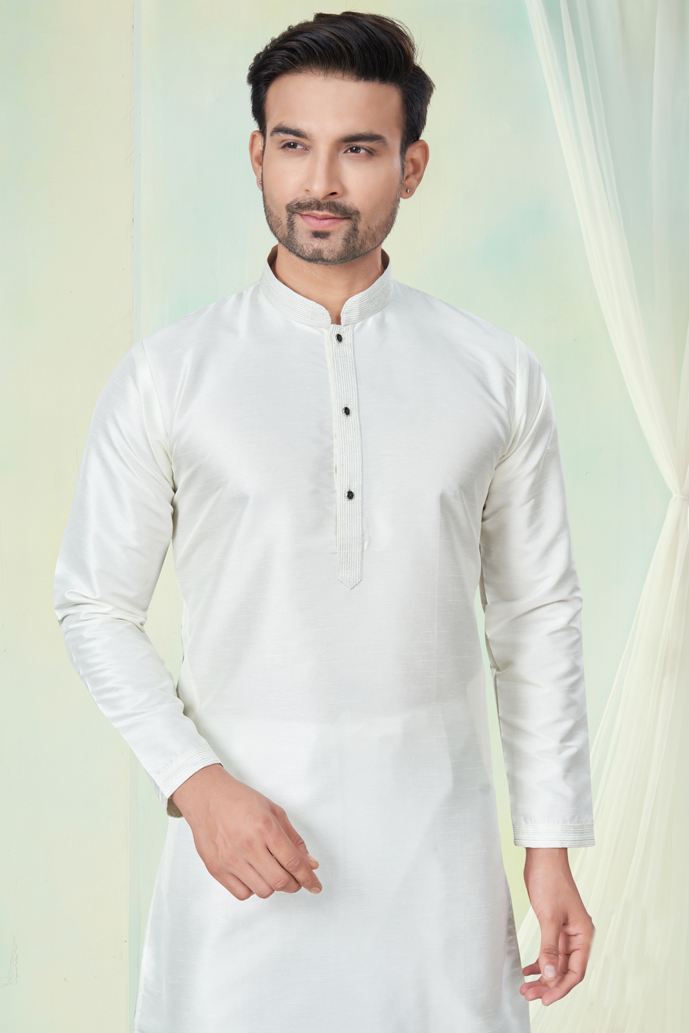 Silk White Men's Kurta Churidar With Embroidered Placket MKPA07787