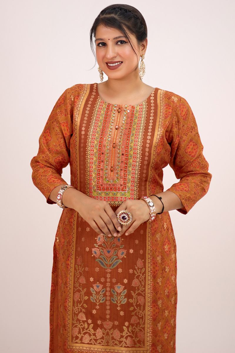 Weaved Rust Orange Dola Silk Straight Pants Suit For Raya LSTV129178