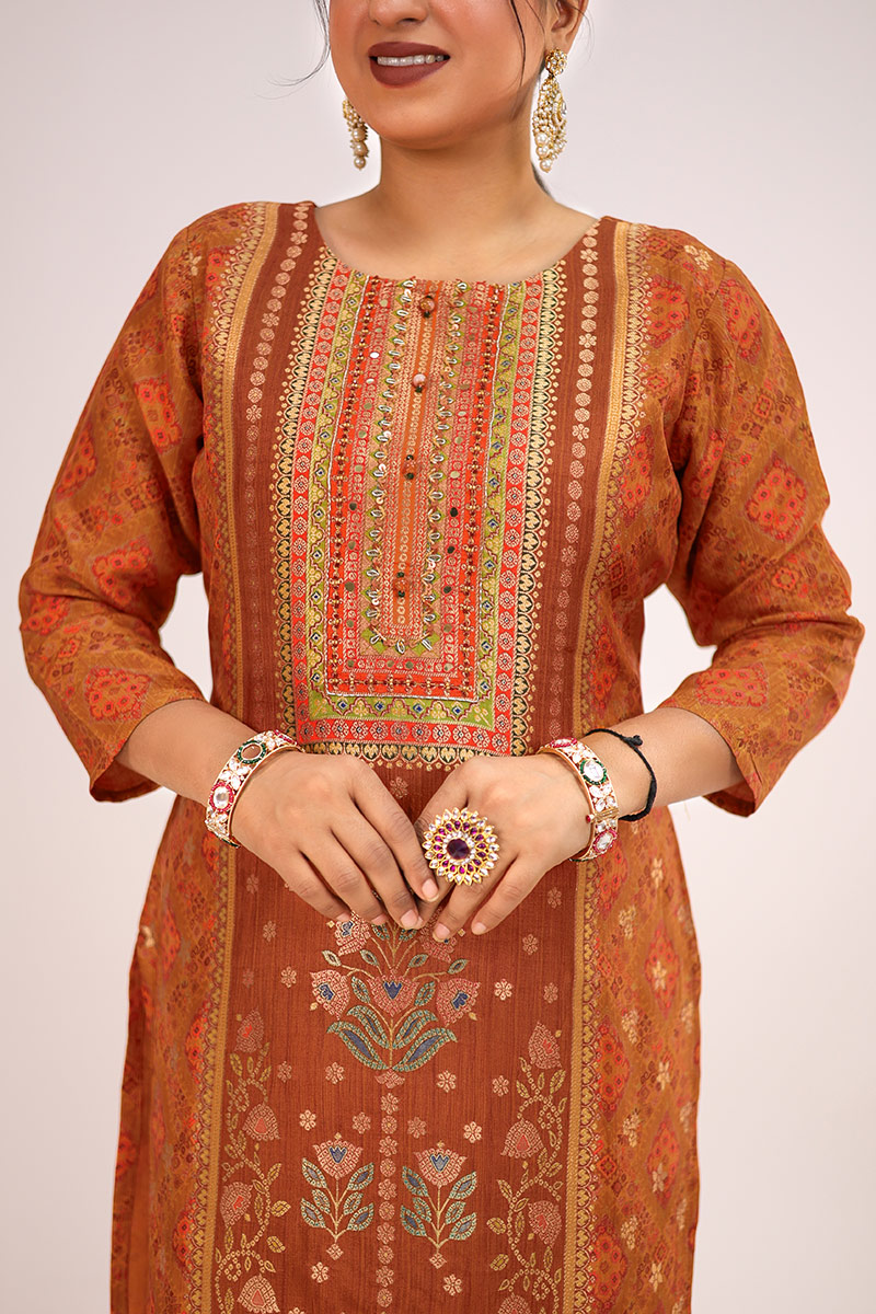 Weaved Rust Orange Dola Silk Straight Pants Suit For Raya LSTV129178