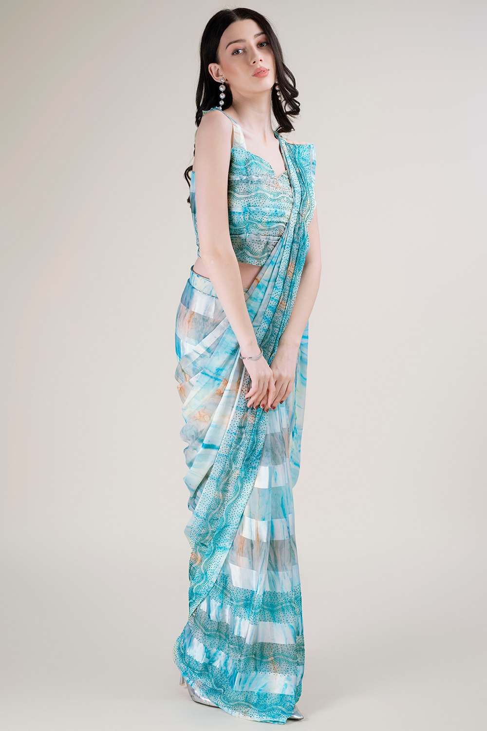 Sky Blue Georgette Printed Light Weight Readymade Saree SARV184898