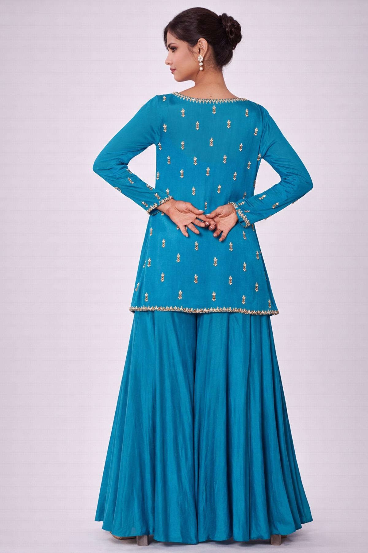 Sky Blue Silk Sharara Suit with Zari Work for Weddings - LSTV136965
