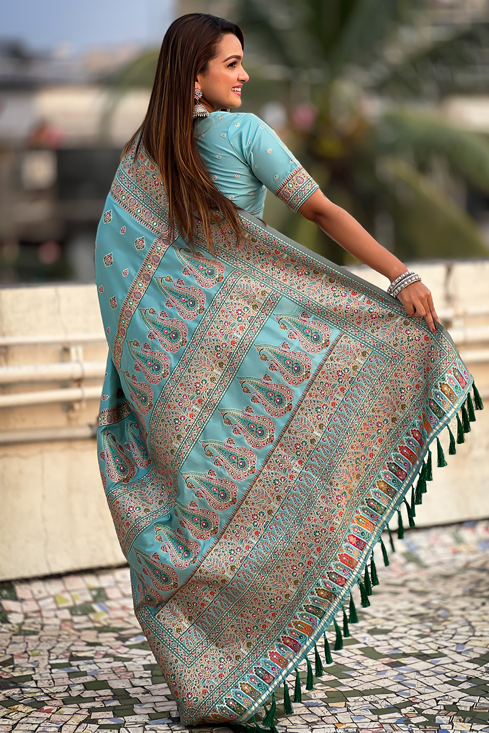 Sky Blue Silk Weaved Broad Border Saree|SARV185673