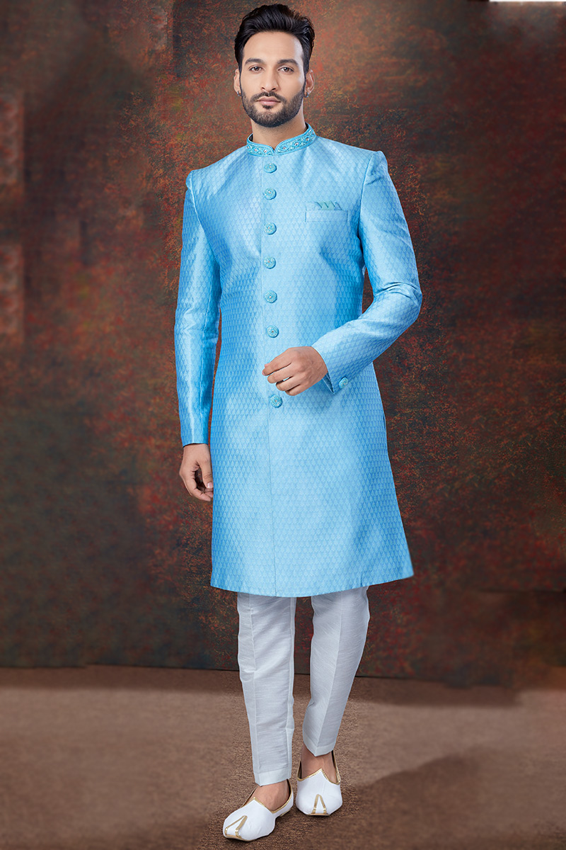 Sky Blue Silk Weaved Thread Men's Straight Cut Sherwani MSTV03894