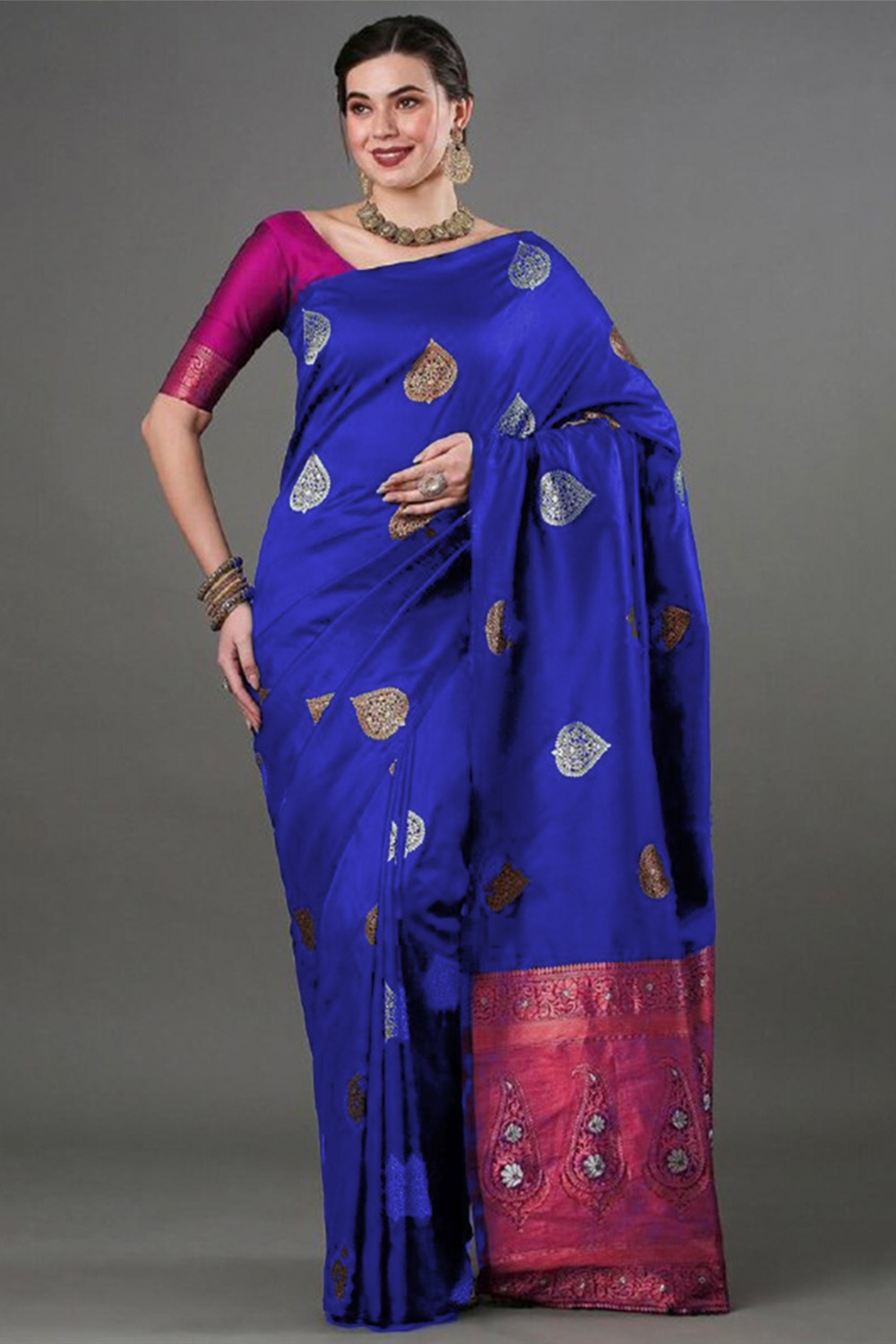 Soft Silk Indigo Blue Woven Zari Broad Border Saree SARV163687