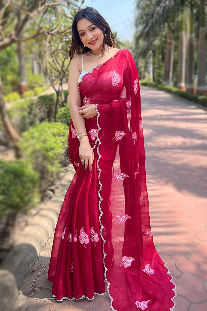 Stone Embellished Cherry Red Chiffon Light Weight Saree SARV177700
