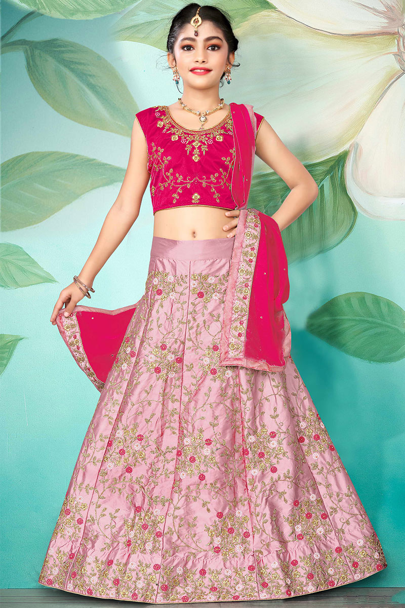 Taffy Pink Dori Embroidered Taffeta Silk Girl's Lehenga LLCV117210