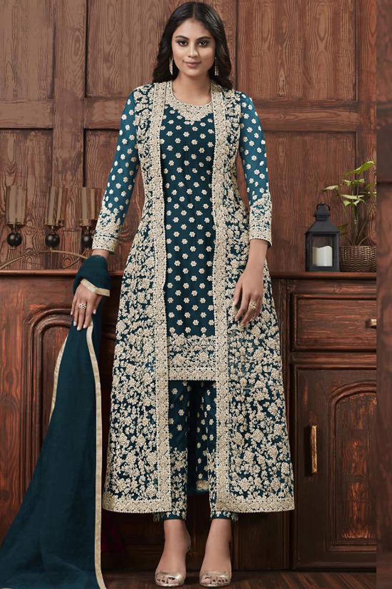 Buy Stylish Net Teal Blue Trouser Suit LSTV08127