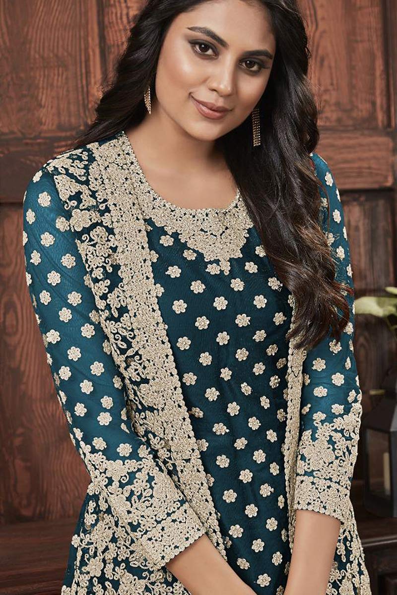 Buy Stylish Net Teal Blue Trouser Suit LSTV08127