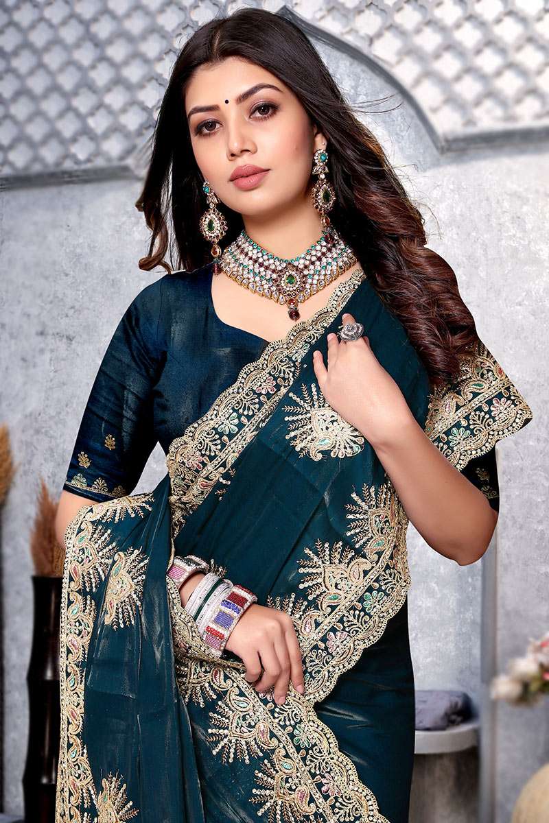 Teal Blue Crepe Silk Dori Embroiered Heavy Saree SARV173319