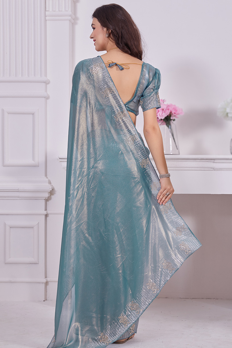 Teal Blue Tissue Stone Embellished Shimmer Saree SARV174138