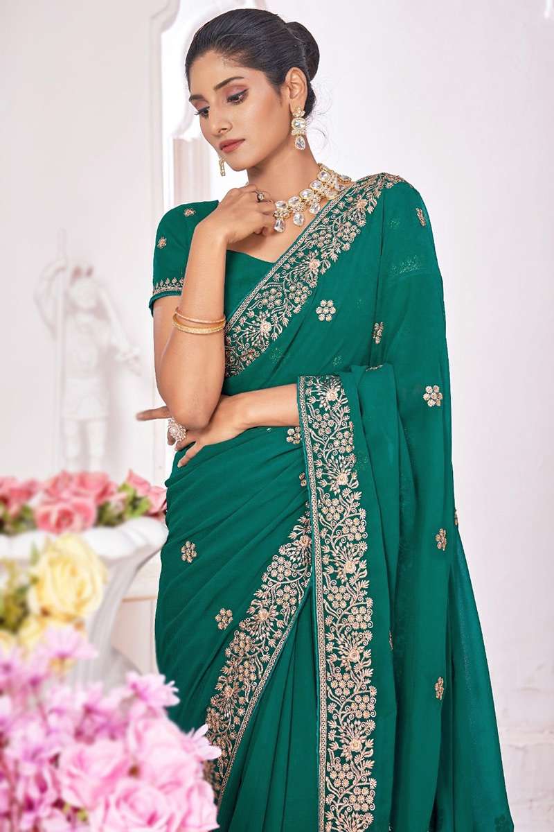 Teal Green Georgette Zari Embroidered Lightweight Saree SARV178263