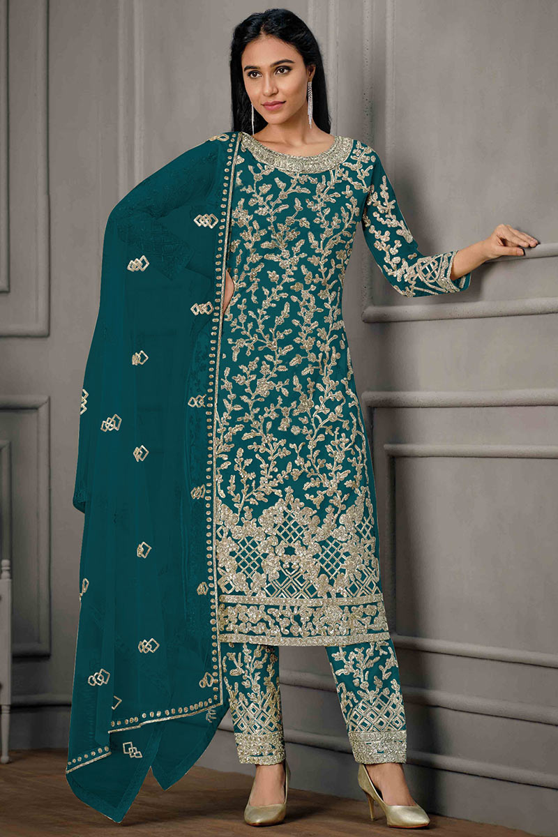 New Stylist Teal Green Trouser Suit with Thread Work LSTV118575
