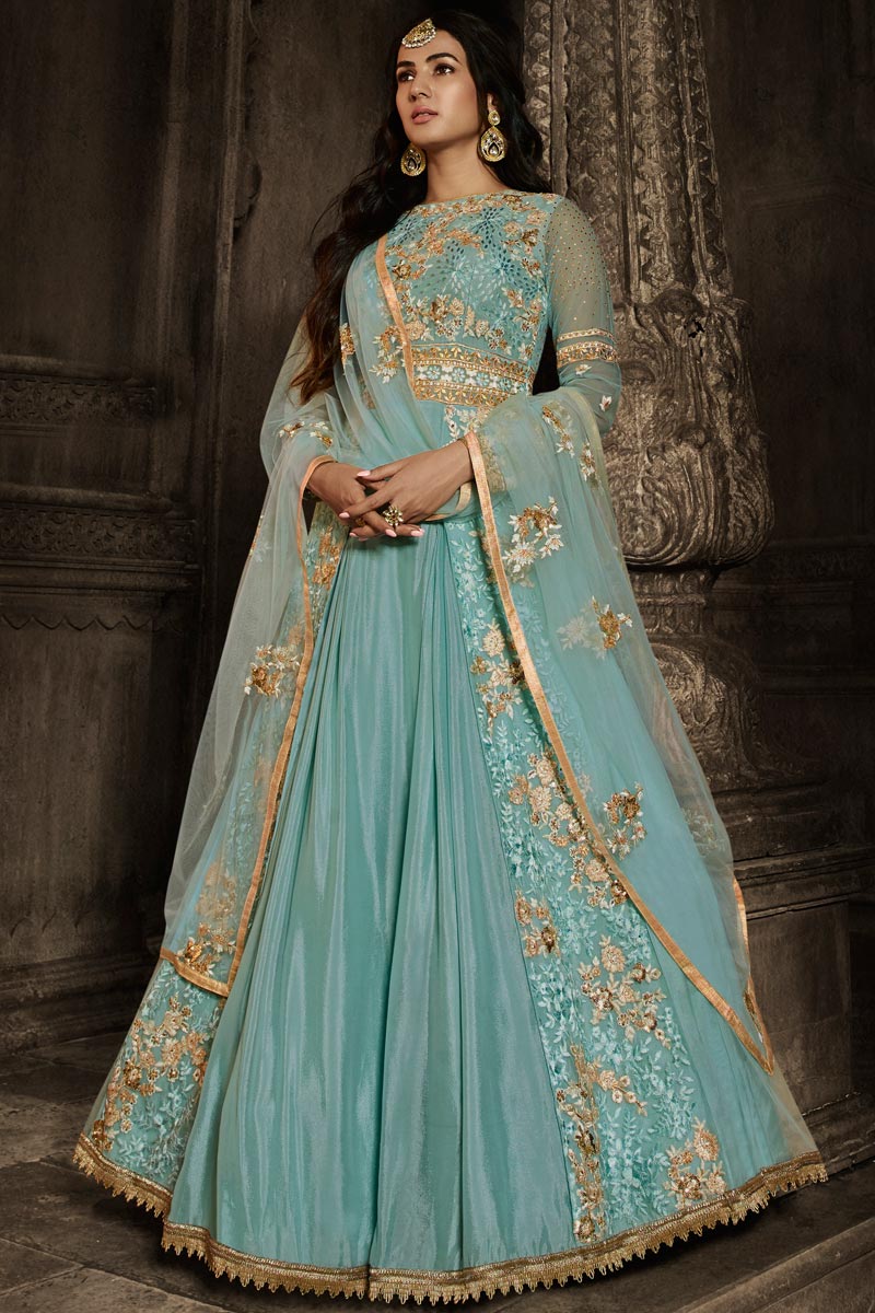 Online Shopping Thread Work Embroidered Sky Blue Anarkali Suit LSTV08560