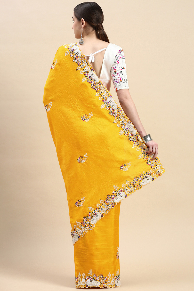 Thread Work Embroidered Silk Turmeric Yellow Saree SARV154016