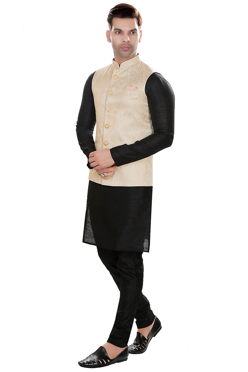 Traditional Cream Weaved Thread Jacquard Men's Waist Coat MWCV0210