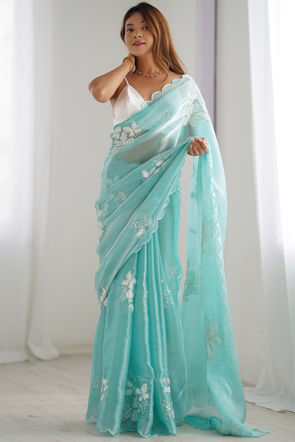 Turquoise Blue Organza Sequins Embroidered Light Weight Saree |SARV186745