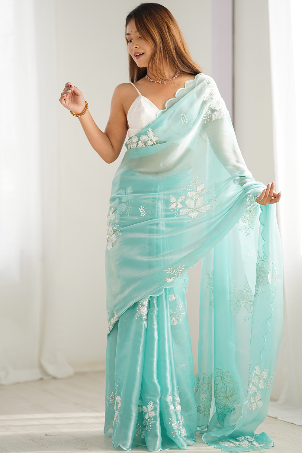 Turquoise Blue Organza Sequins Embroidered Light Weight Saree |SARV186745