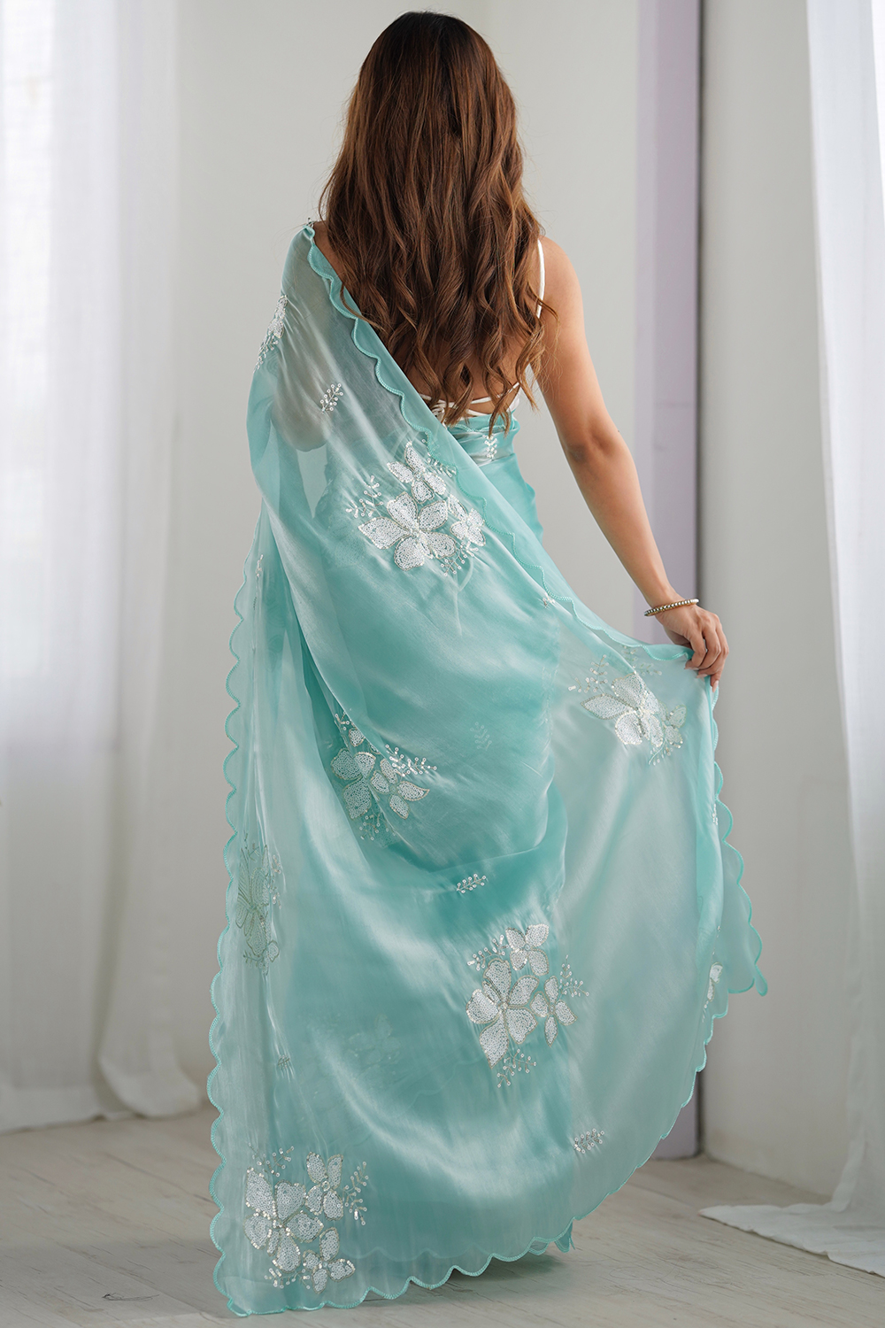 Turquoise Blue Organza Sequins Embroidered Light Weight Saree |SARV186745