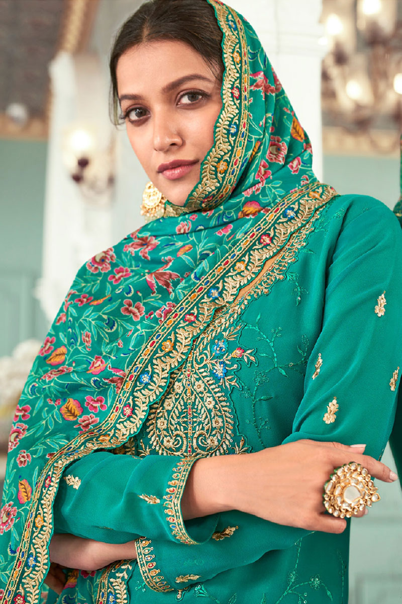 Turquoise Green Georgette Embroidered Straight Cut Suit LSTV130125