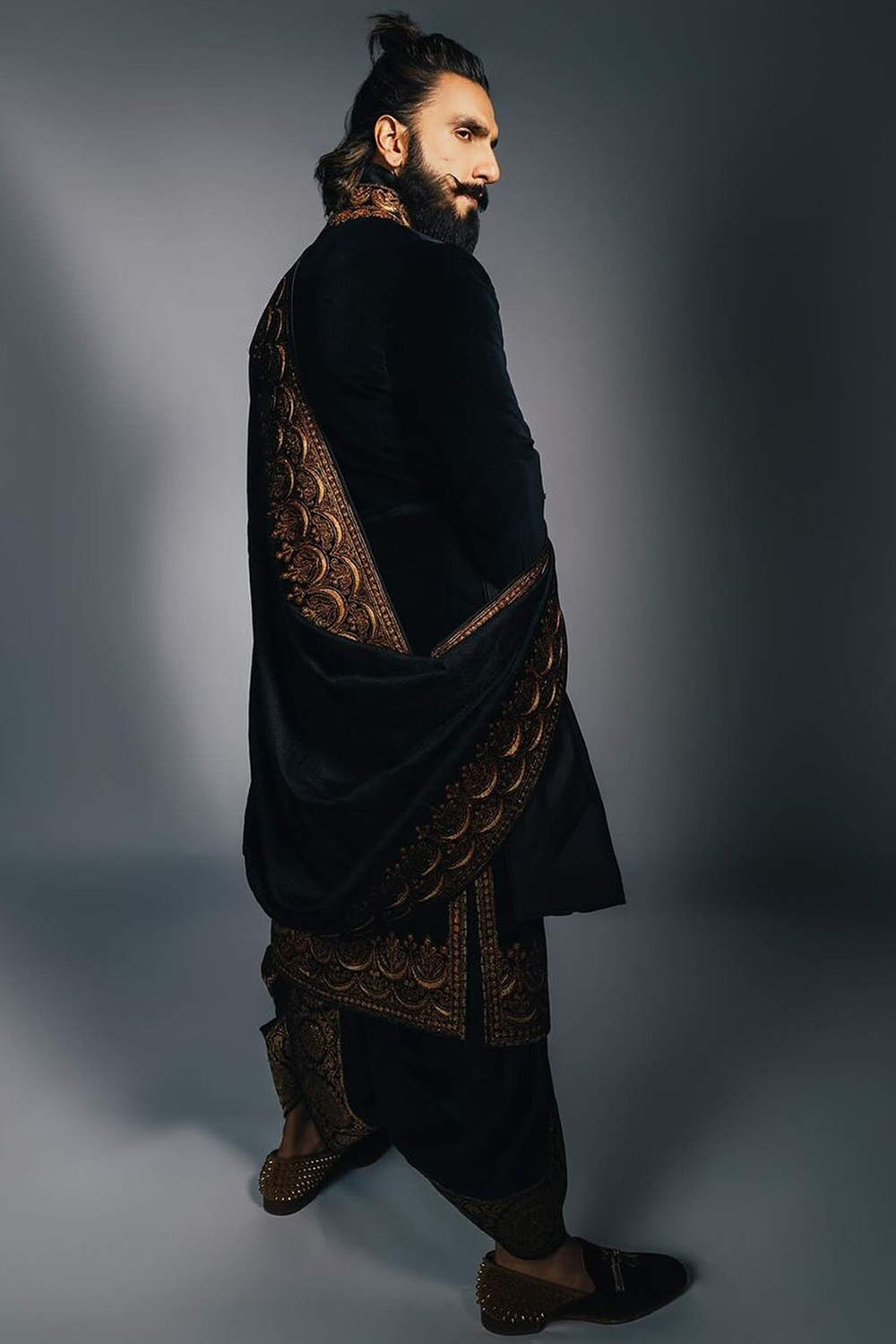 Velvet Black Embroidered Men's Dhoti Style Sherwani MSTV04261
