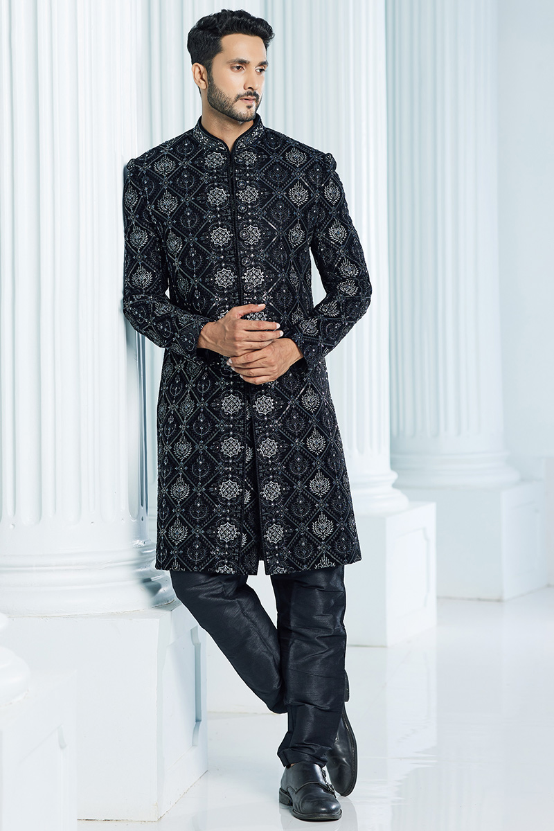 Velvet Black Resham Thread Embroidered Men's Sherwani MSTV03216