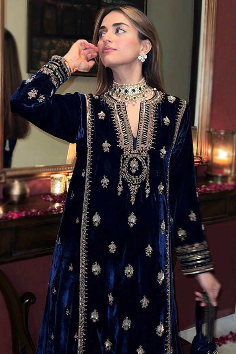 Velvet Dark Blue Zari Embroidered Straight Cut Trouser Suit LSTV126337