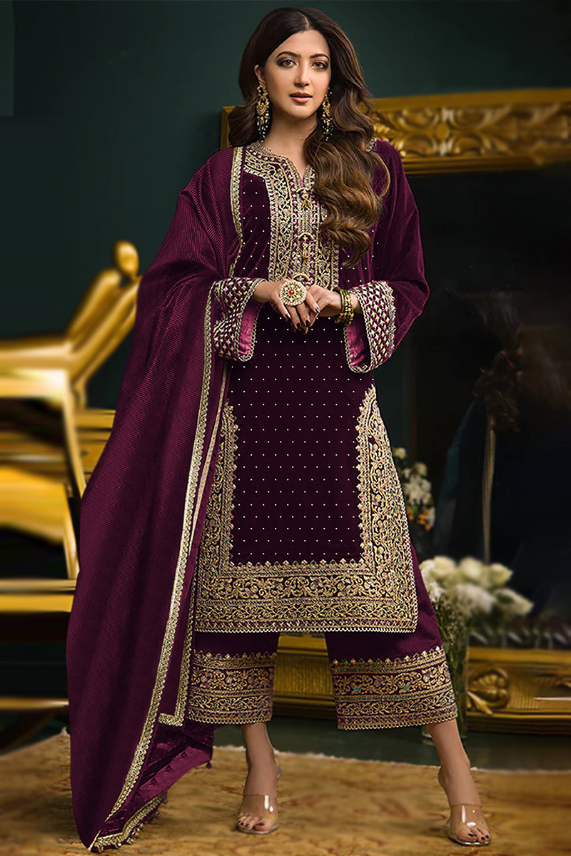 Velvet Dark Purple Embroidered Straight Cut Palazzo Suit LSTV126375