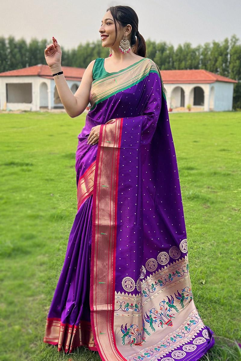 Violet Purple Weaved Zari Paithani Silk Broad Border Saree SARV177445