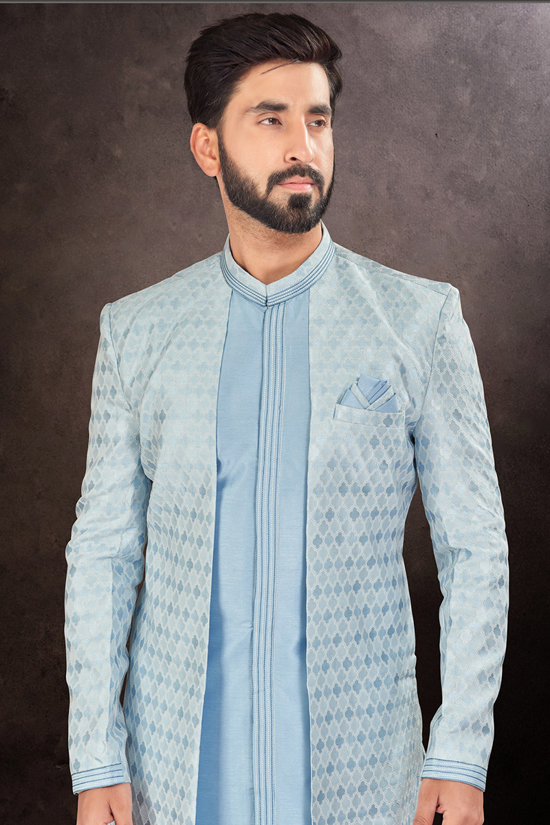 Weaved Light Blue Silk Jacket Style Men's Sherwani MSTV03649