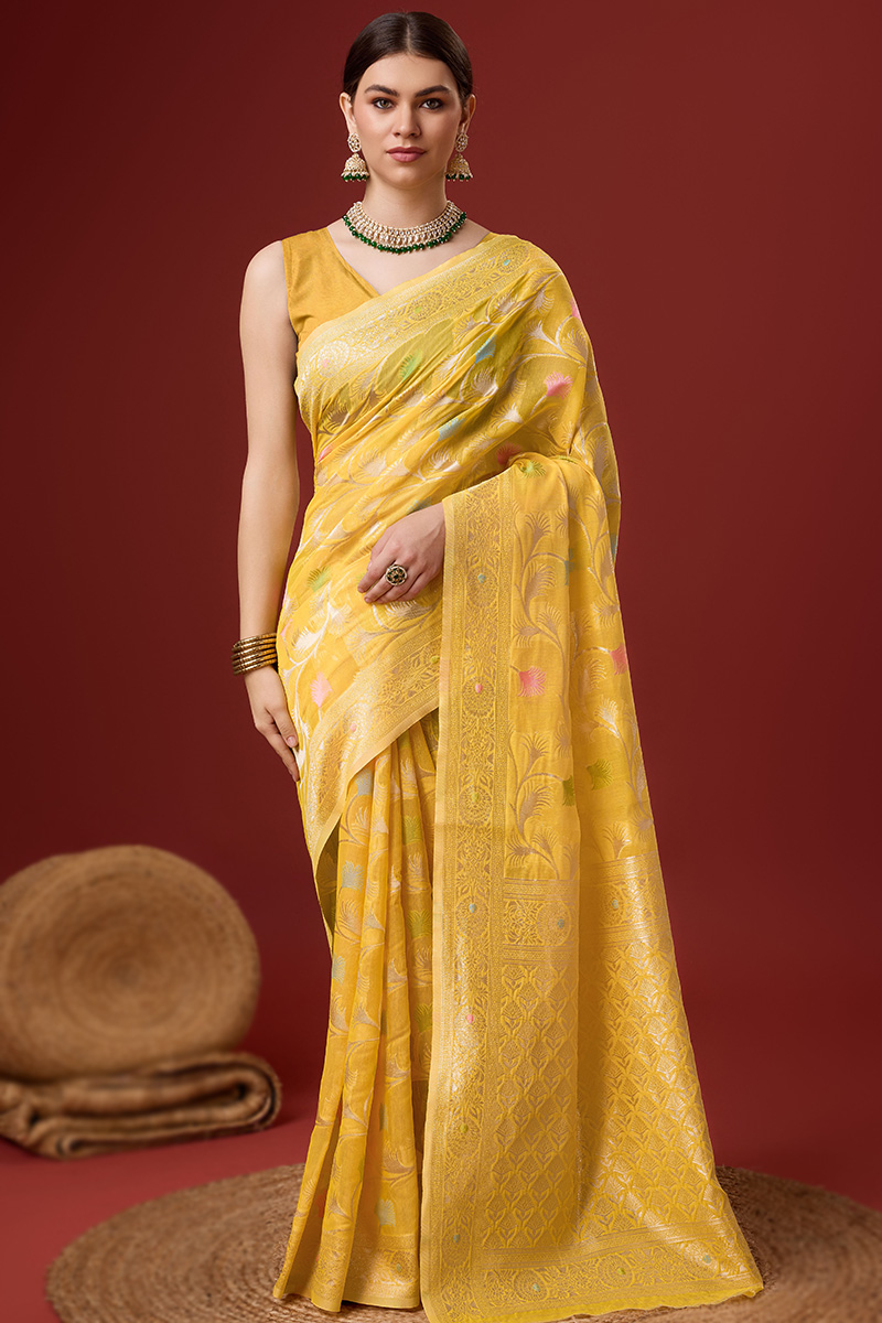 Weaved Mustard Yellow Cotton Broad Border Saree SARV175858