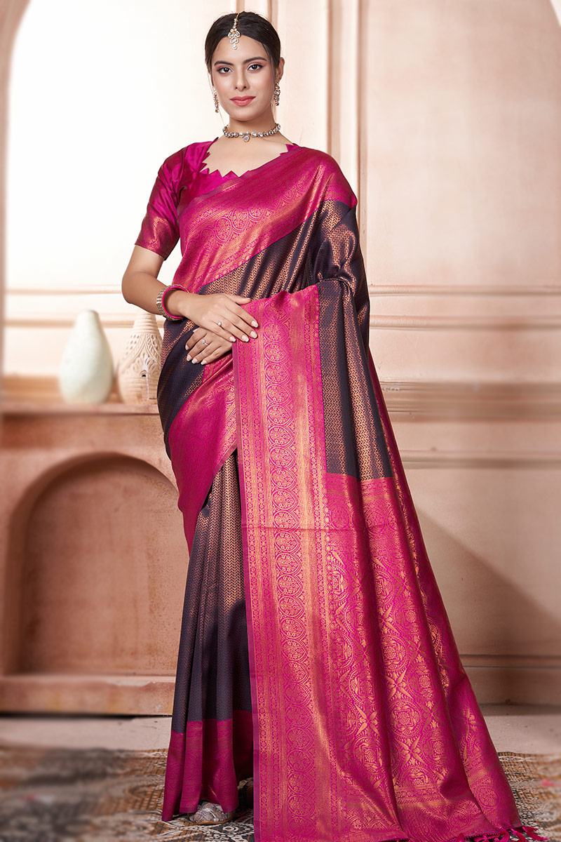 Weaved With Thread And Zari Silk Broad Border Dark Blue Saree SARV178101