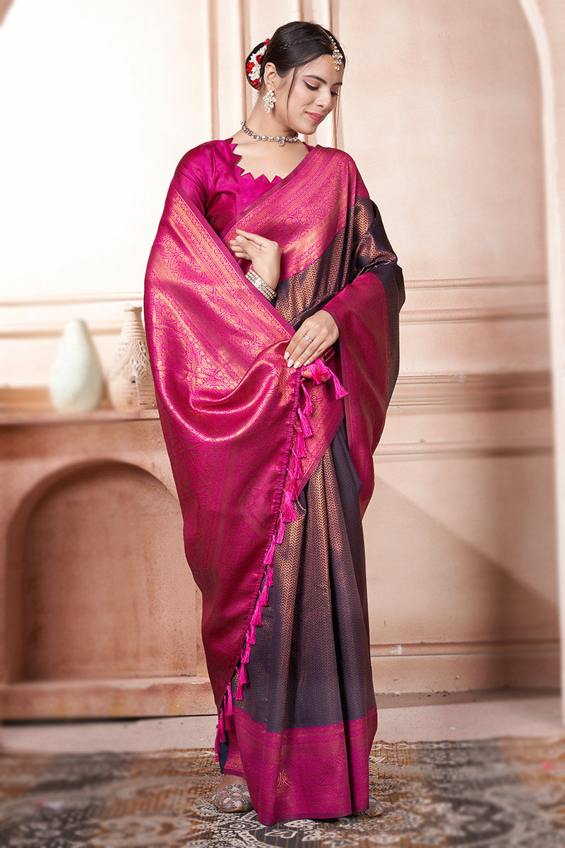 Weaved With Thread And Zari Silk Broad Border Dark Blue Saree SARV178101