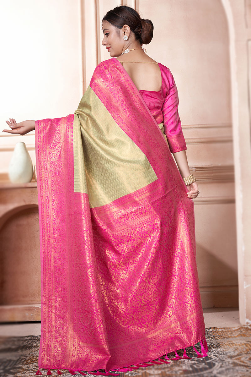 Weaved With Thread And Zari Silk Pear Green Broad Border Saree SARV178099