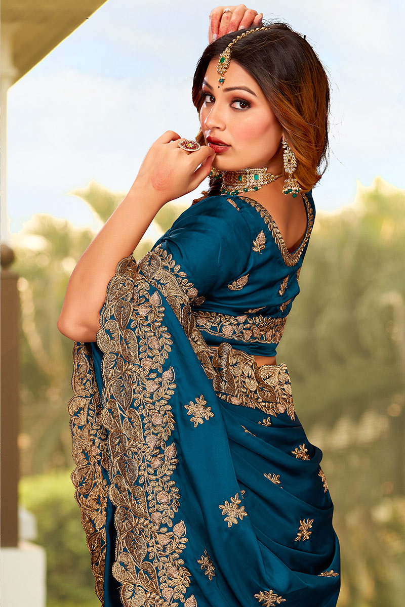 Online Wedding Wear Peacock Blue Heavy Work Satin Embroidered Saree ...