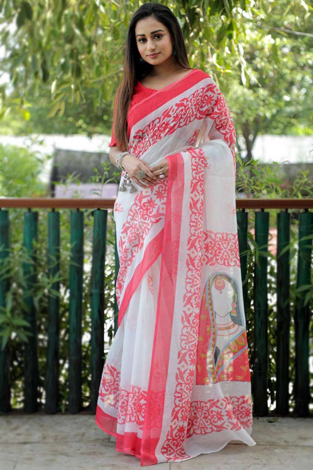 White Printed Linen Casual Wear Lightweight Saree SARV183277