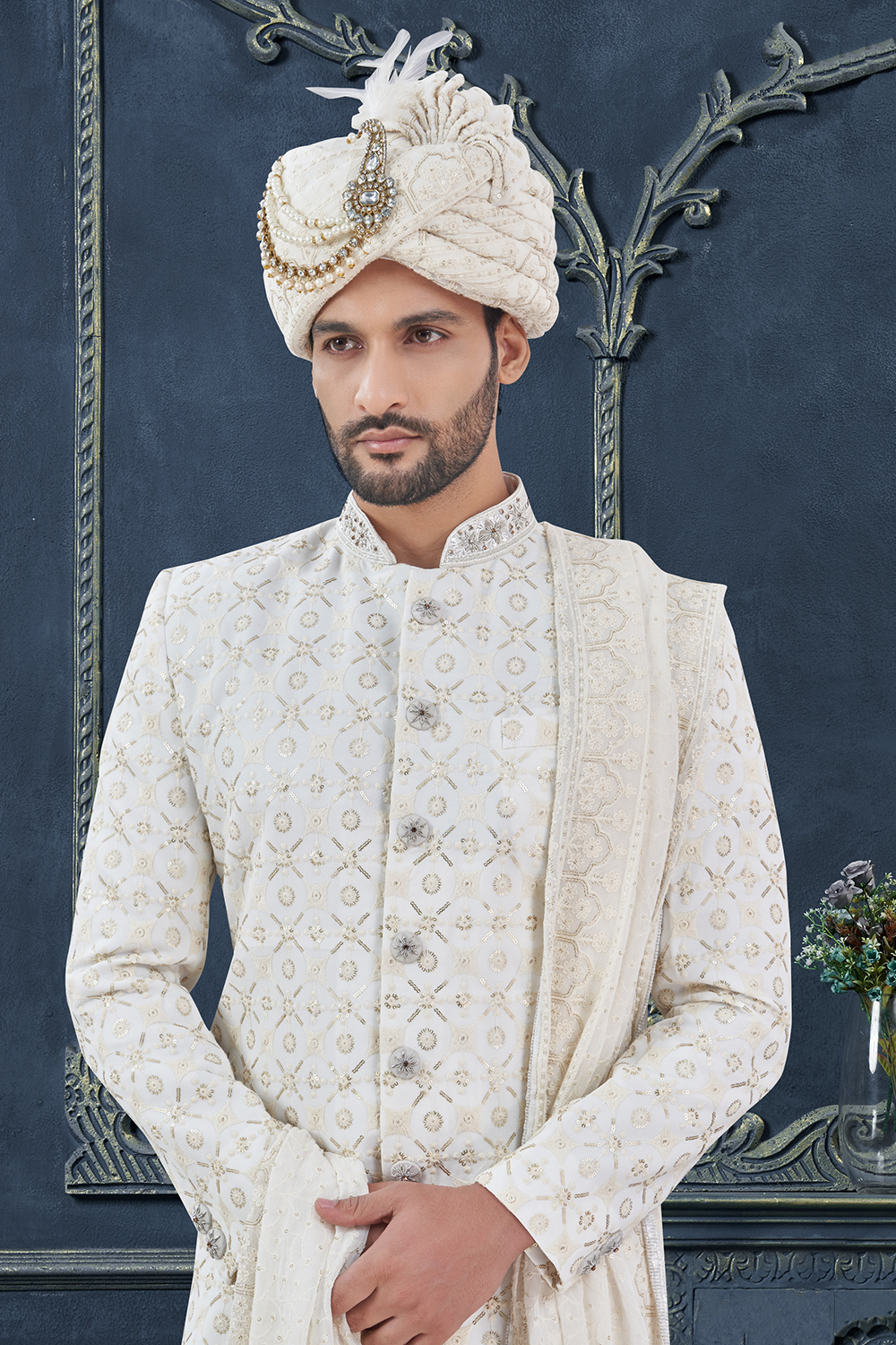 White Silk Blend Embroidered Jacket Style Men's Sherwani MSTV04669