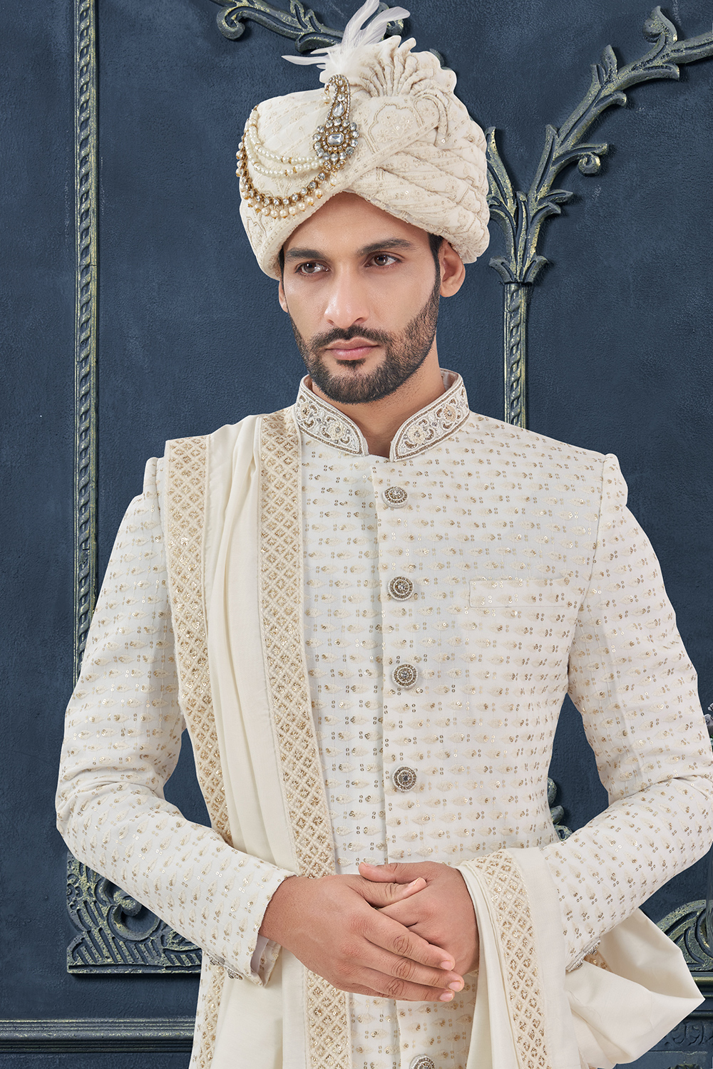 White Silk Blend Embroidered Jacket Style Men's Sherwani MSTV04683