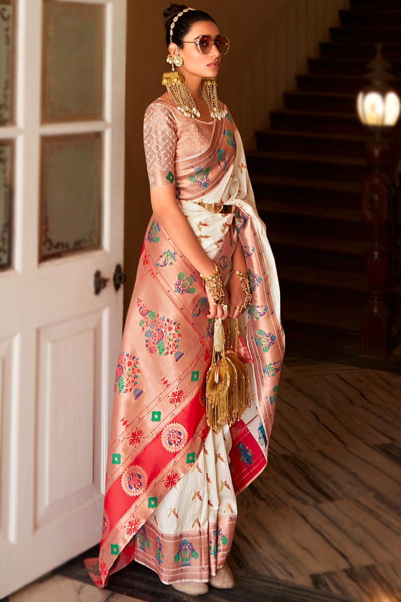 White Silk Zari Weaved Broad Border Saree|SARV168409