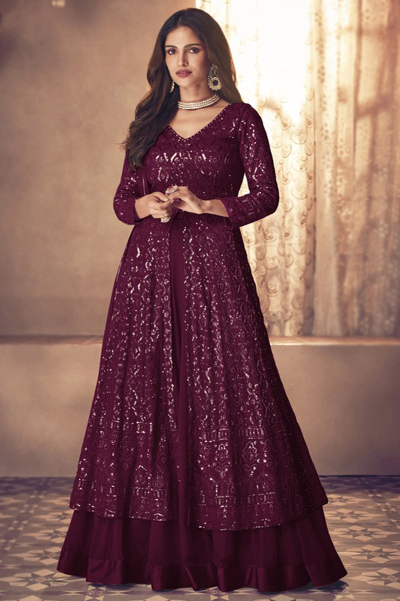 Modest Wear Embroidered Wine Lehenga LLCV112195