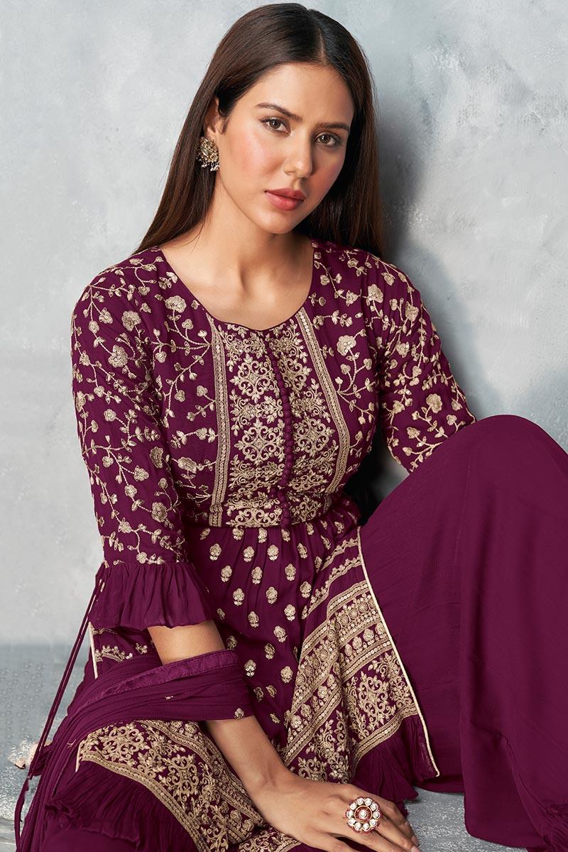 Exclusive Collection Pakistani Sharara Suit in Wine Maroon Embroidered ...