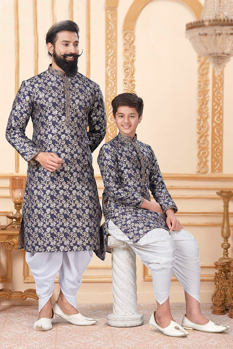 Fashion Stylist Woven Embroidered Jacquard Navy Blue Father Son Duo ...