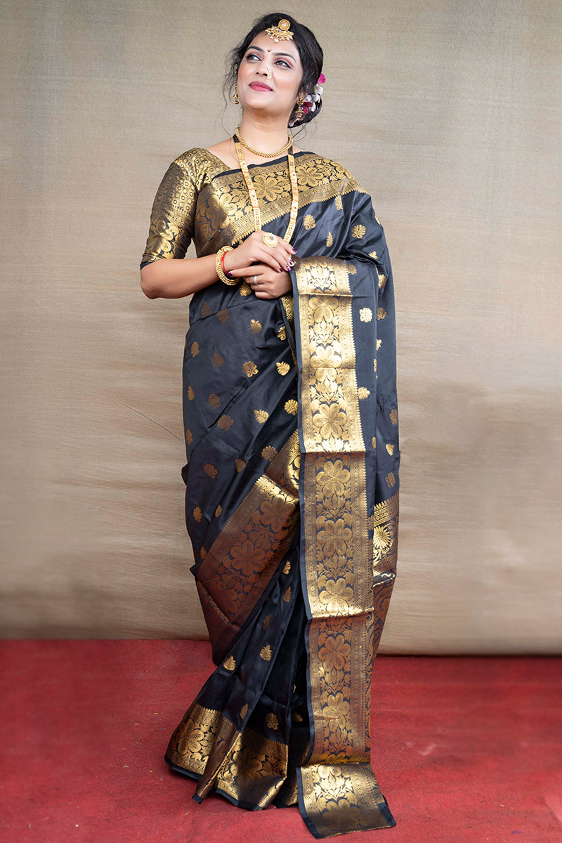 Unique Fashion Woven Zari Silk Charcoal Grey Saree|SARV149536