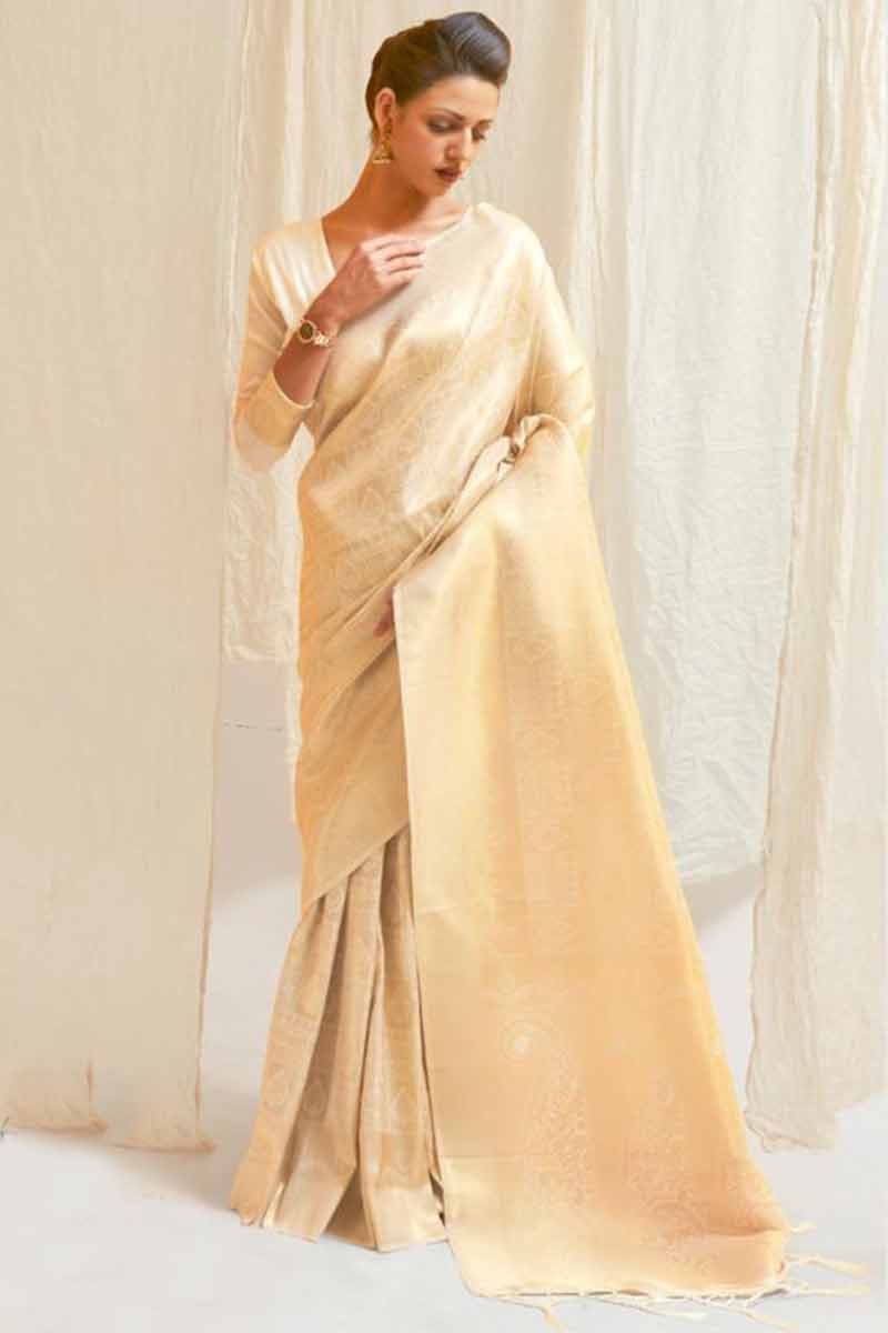 Wedding Shop Woven Zari Silk Cream Saree|SARV114420