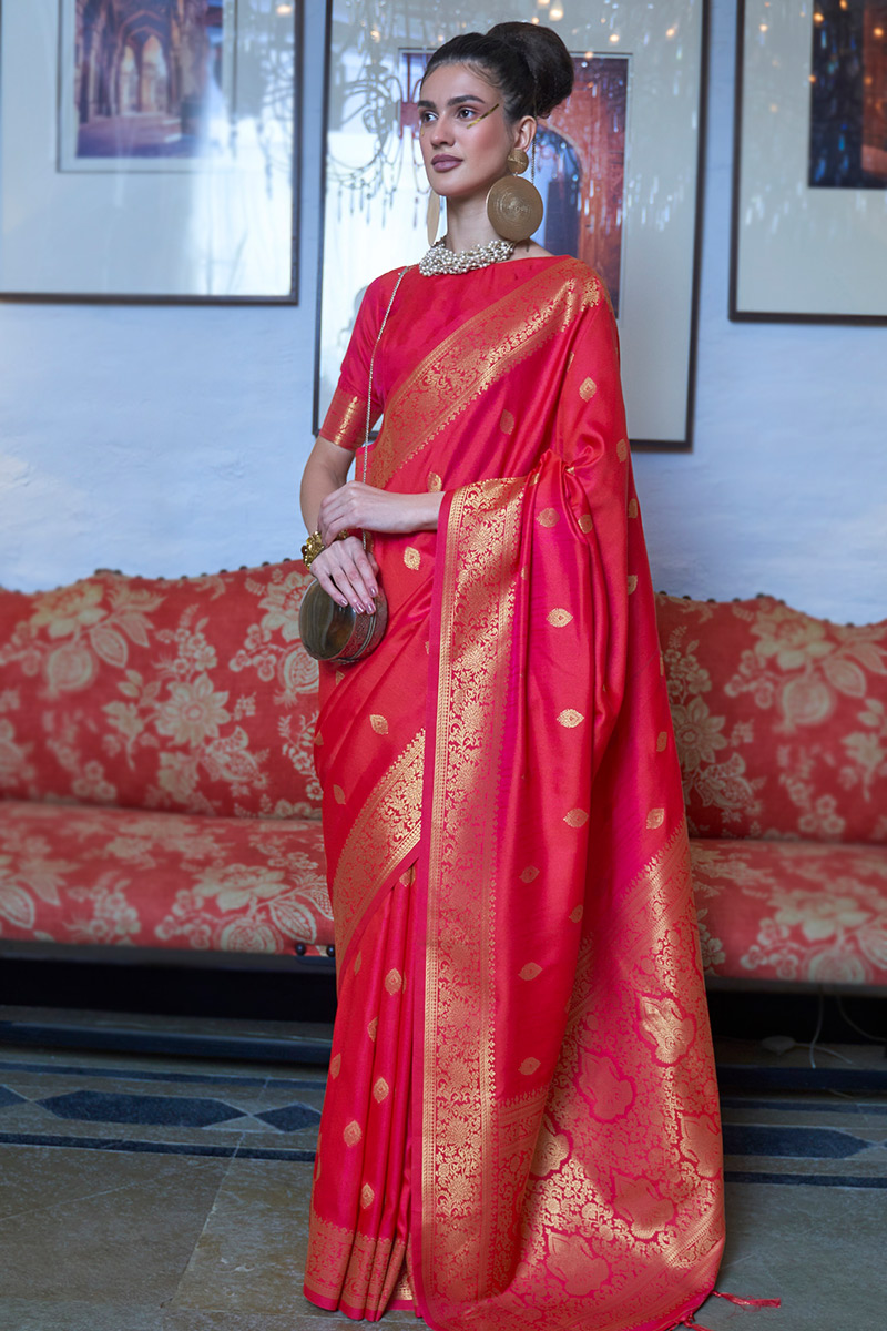 Buy Woven Zari Silk Ruby Red Broad Border Saree |SARV167407