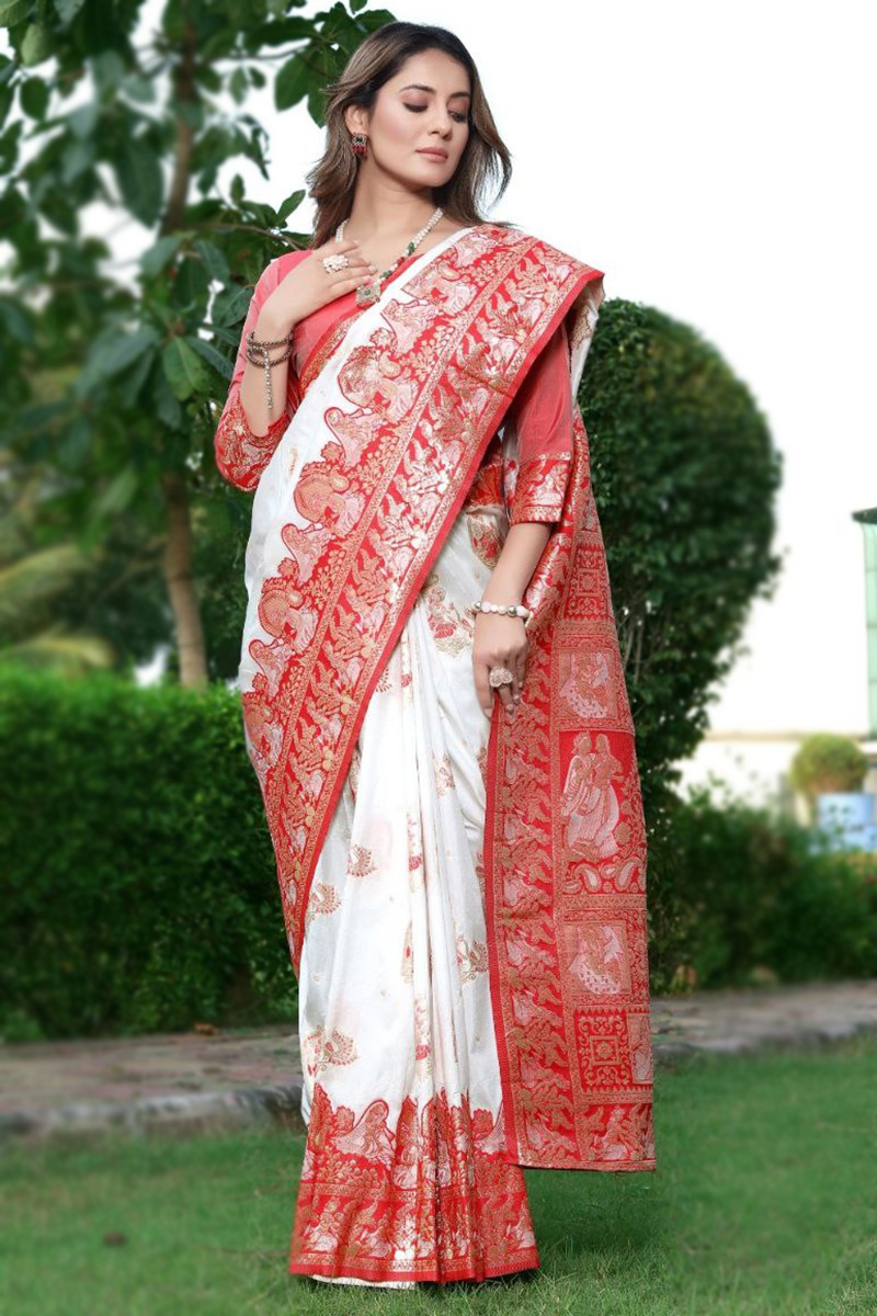 Woven Zari Silk White Broad Border Saree |SARV165688