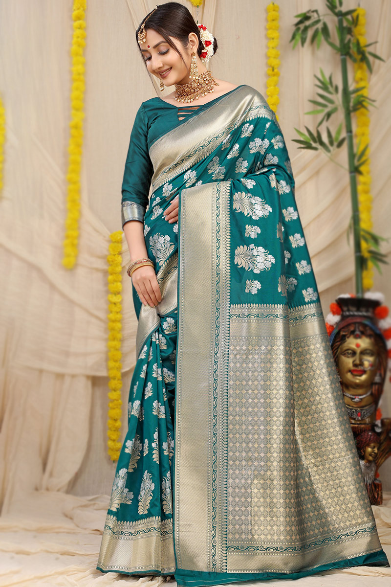 Woven Zari Teal Blue Silk Broad Border Saree |SARV162161