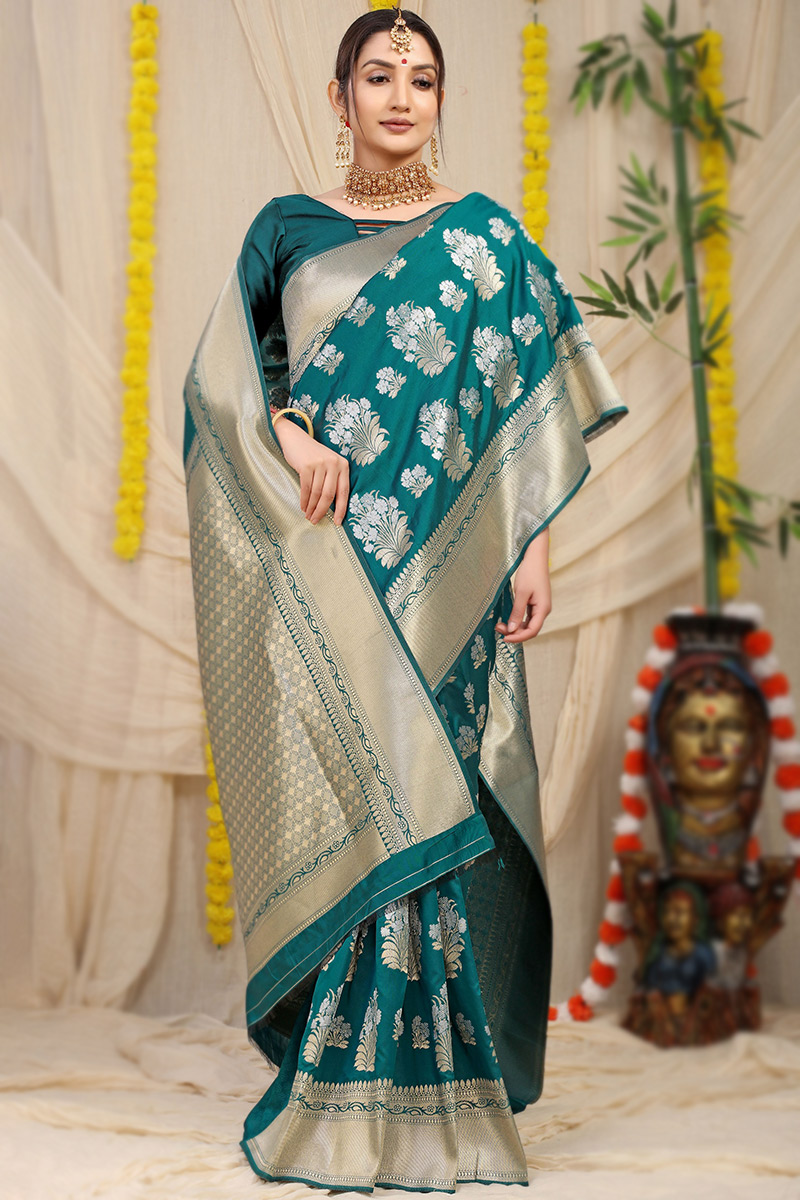 Woven Zari Teal Blue Silk Broad Border Saree |SARV162161