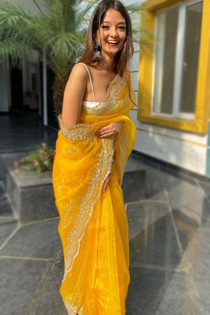 Yellow Sequins Embroidered Organza Lightweight Saree For Haldi SARV177429