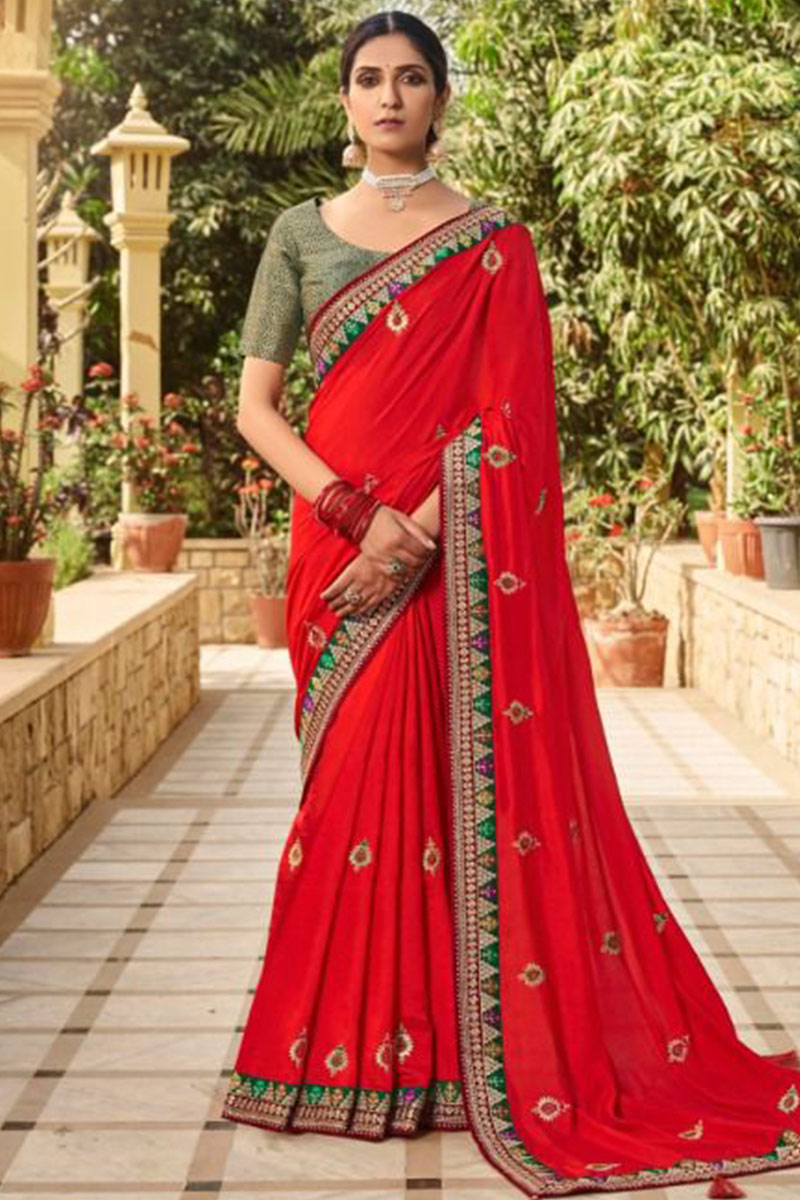Designer Fashions Zari And Lace Work Silk Red Indian Saree|SARV121615